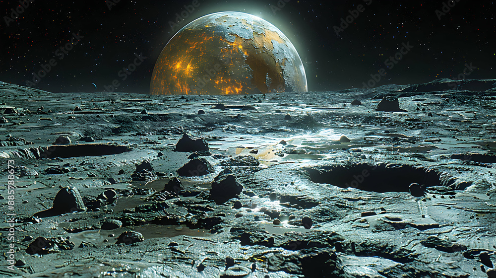 A dystopian solar planet with a surface scarred by massive craters and ...