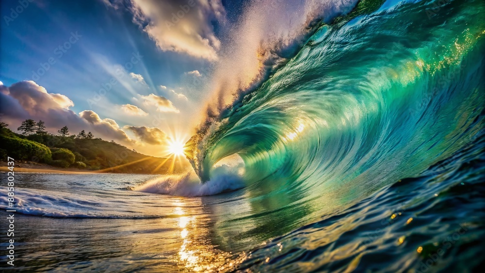 Dramatic close-up of a powerful ocean wave cresting in turquoise water ...
