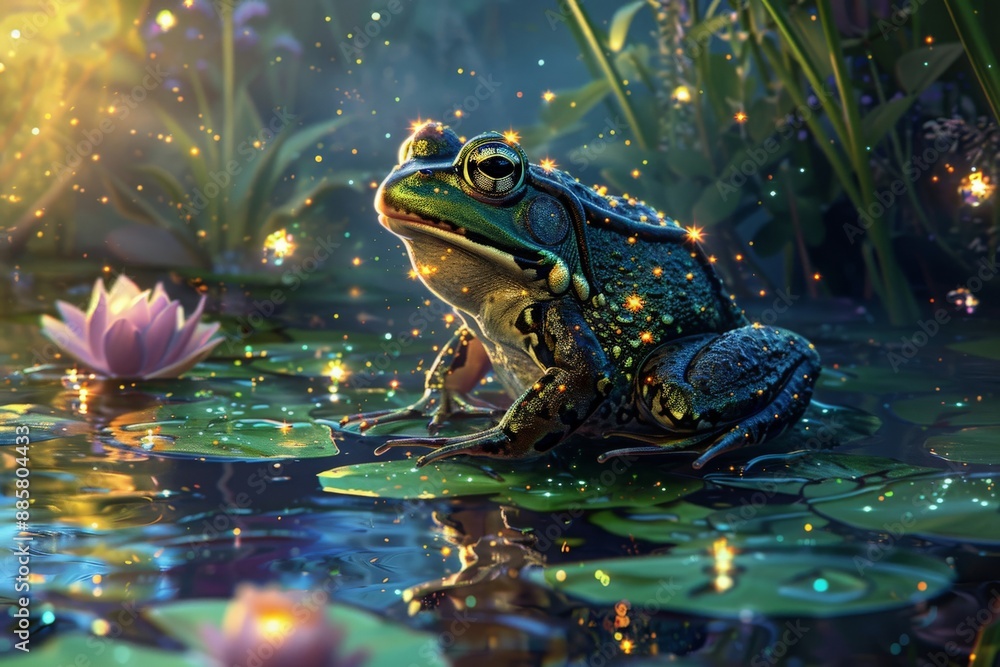 Enchanted frog with sparkling skin sitting on a lily pad in a magical ...