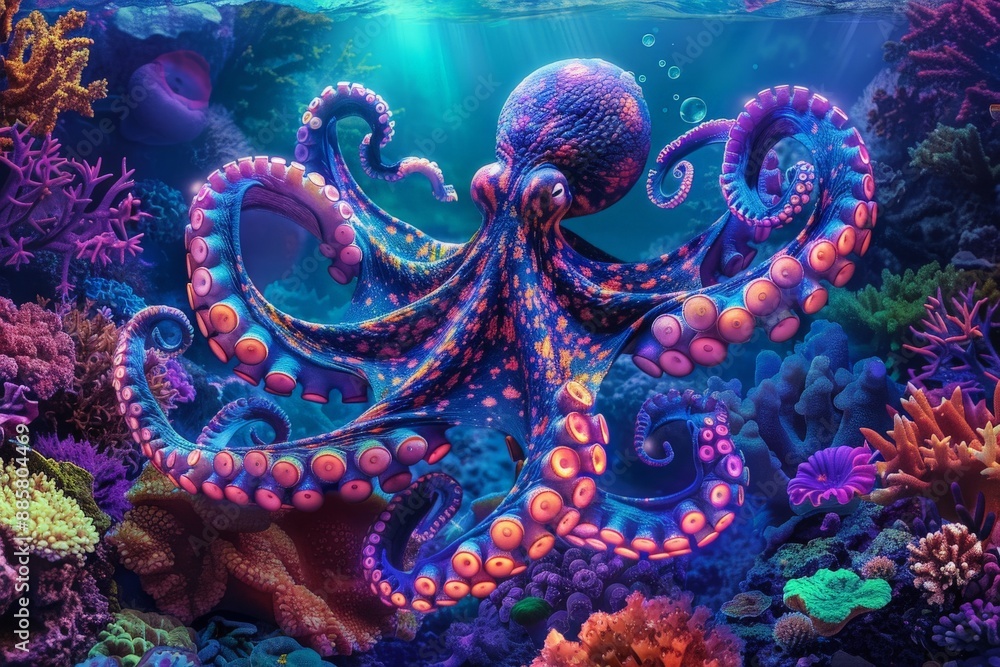 Enchanted octopus with glowing tentacles swimming through a mystical ...
