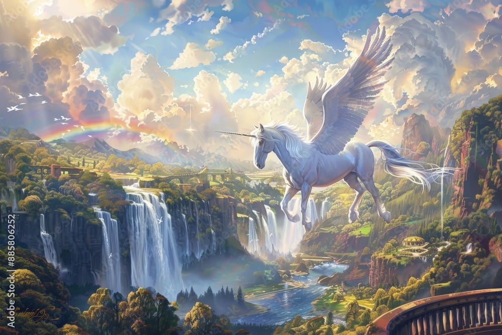 Pegasus flying over a magical landscape with waterfalls and rainbows ...