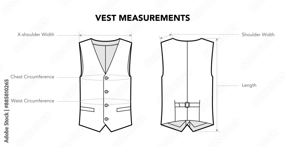 Set of Vest measurements, diagram with names - length, Circumference ...
