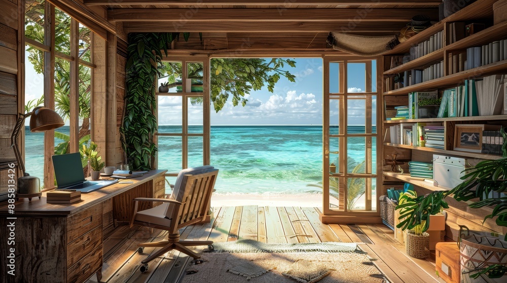 Seaside Serenity Tranquil Oceanfront Office with Wooden Cabin Laptop ...