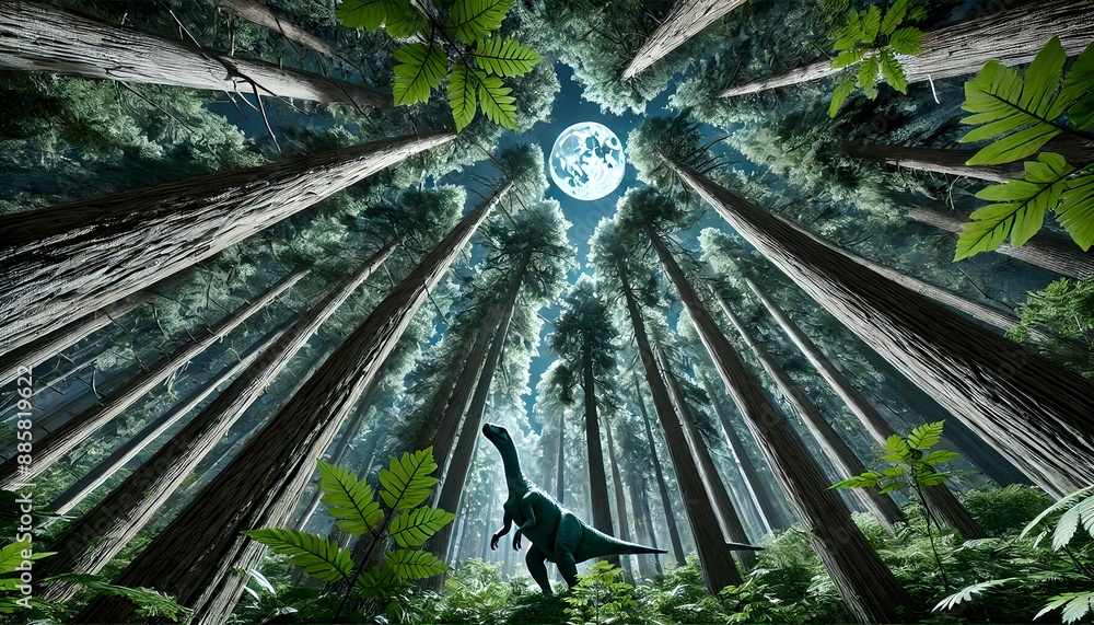 An ultra-photorealistic forest canopy seen from below, with tall trees ...