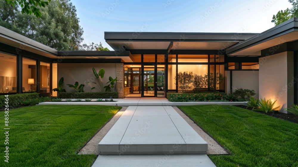 Mid-century modern home exterior, sleek lines and nostalgic elements ...