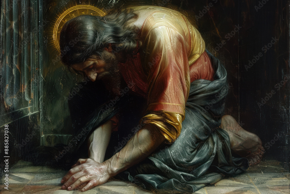 Spiritual reverence: Jesus Christ prays to god father, depicting ...