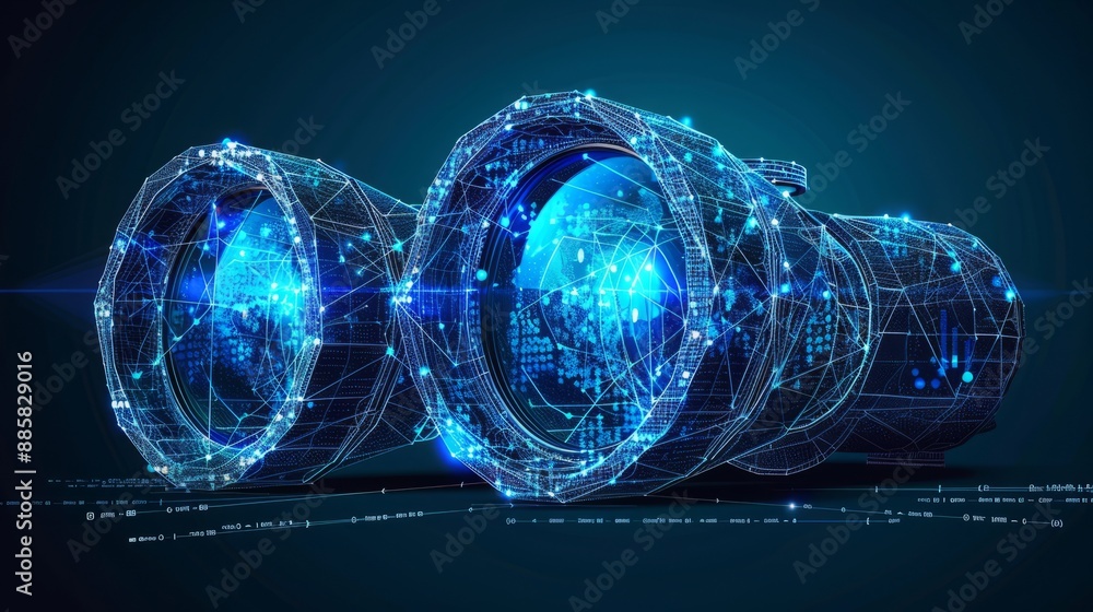 Digital blue binoculars with data streams, artificial intelligence in ...