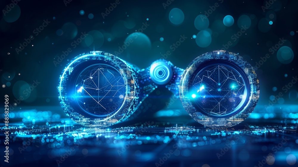 Digital blue binoculars with data streams, artificial intelligence in ...