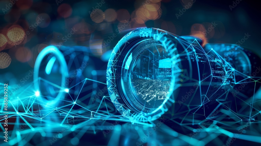 Digital blue binoculars with data streams, artificial intelligence in ...