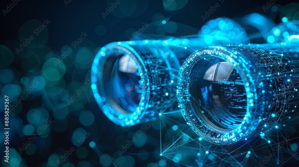 Digital blue binoculars with data streams, artificial intelligence in ...