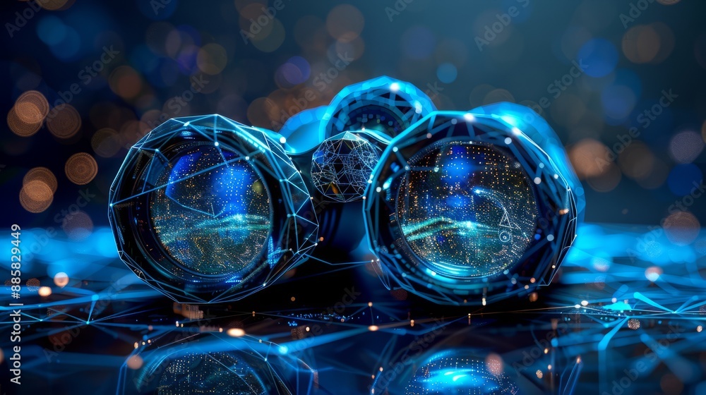 Digital blue binoculars with data streams, artificial intelligence in ...