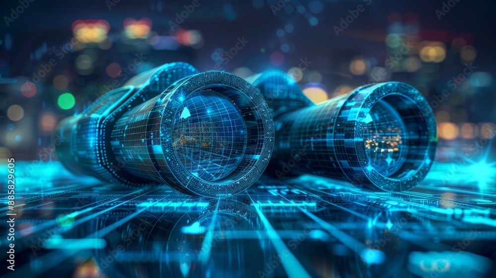 Digital blue binoculars with data streams, artificial intelligence in ...