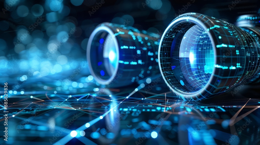 Digital blue binoculars with data streams, artificial intelligence in ...