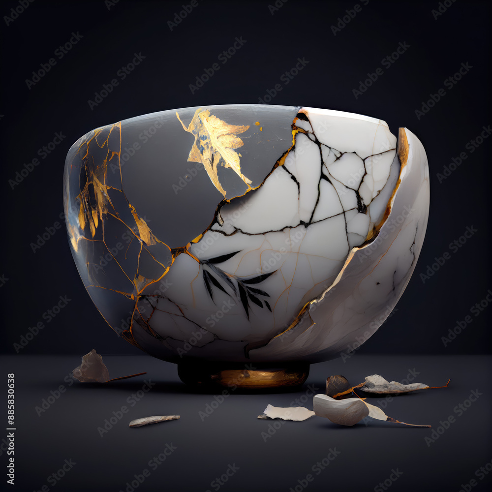 Shows a ceramic mask repaired using the kintsugi technique. Half of the ...