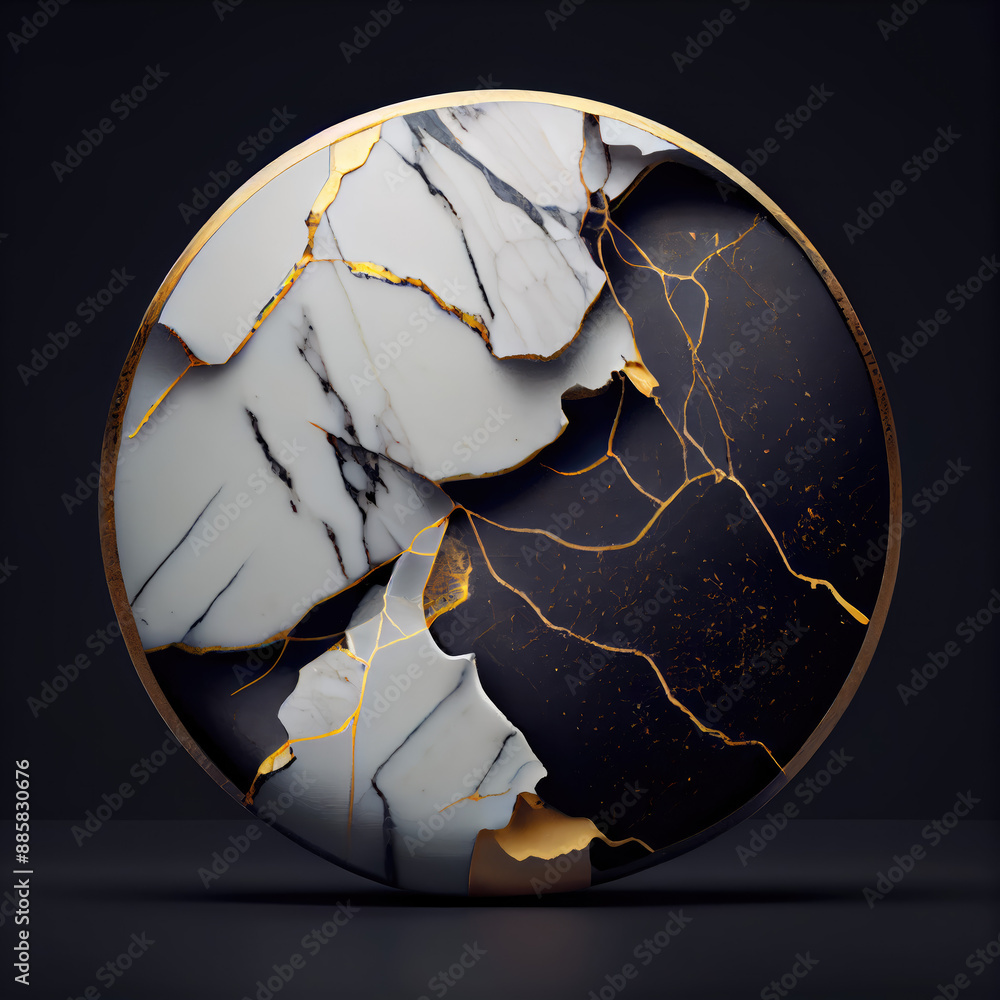 Shows a ceramic mask repaired using the kintsugi technique. Half of the ...
