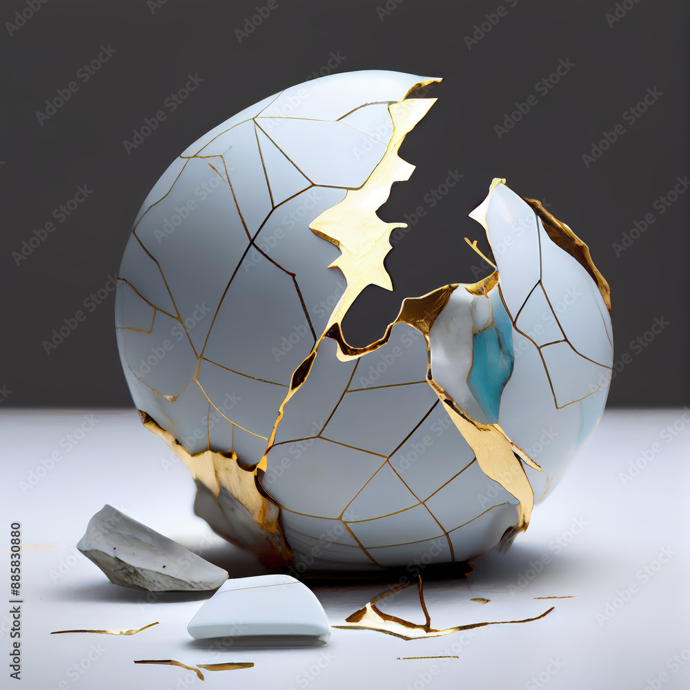 Shows a ceramic mask repaired using the kintsugi technique. Half of the ...