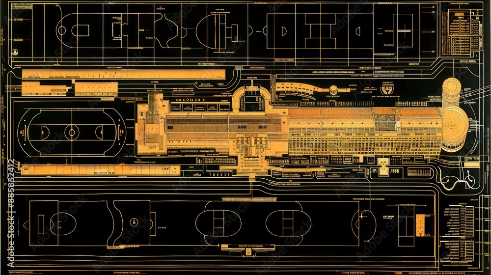 Isometric floor plan of a dynamic sports complex, black background ...