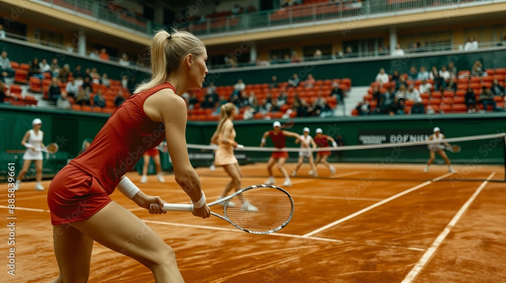 Female tennis players in action on a clay court, competing in a doubles ...