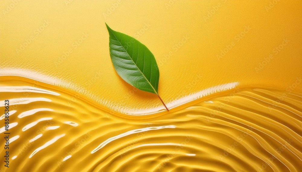 clear yellow water with sunlight reflection and a single green leaf ...