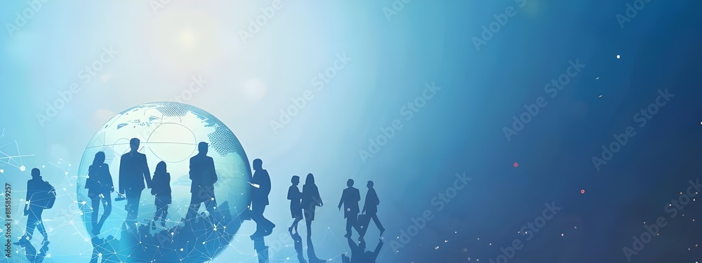 Abstract digital blue background with silhouettes of people in business ...