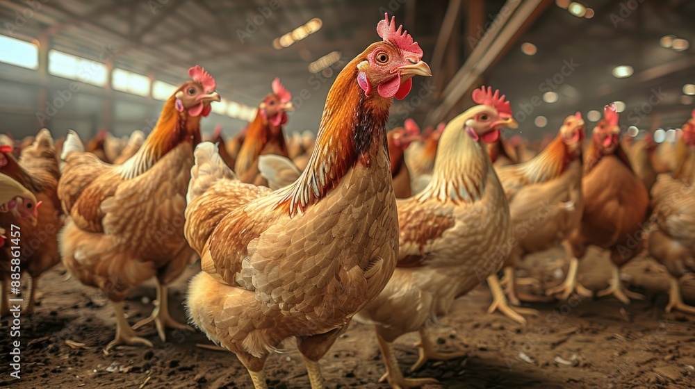 Poultry farm broiler farm with a group of adult laying hens in a modern ...