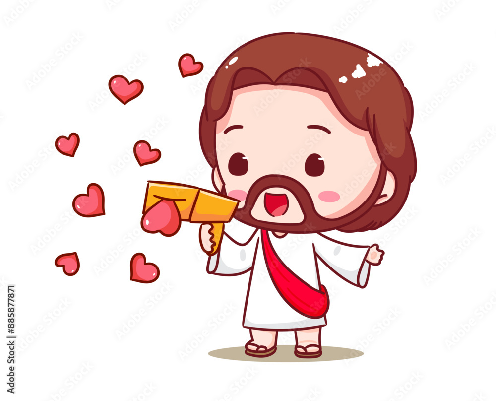 Cute Jesus Holding Love Gun Cartoon Vector. Christianity Religion Concept Design. Adorable Chibi ...