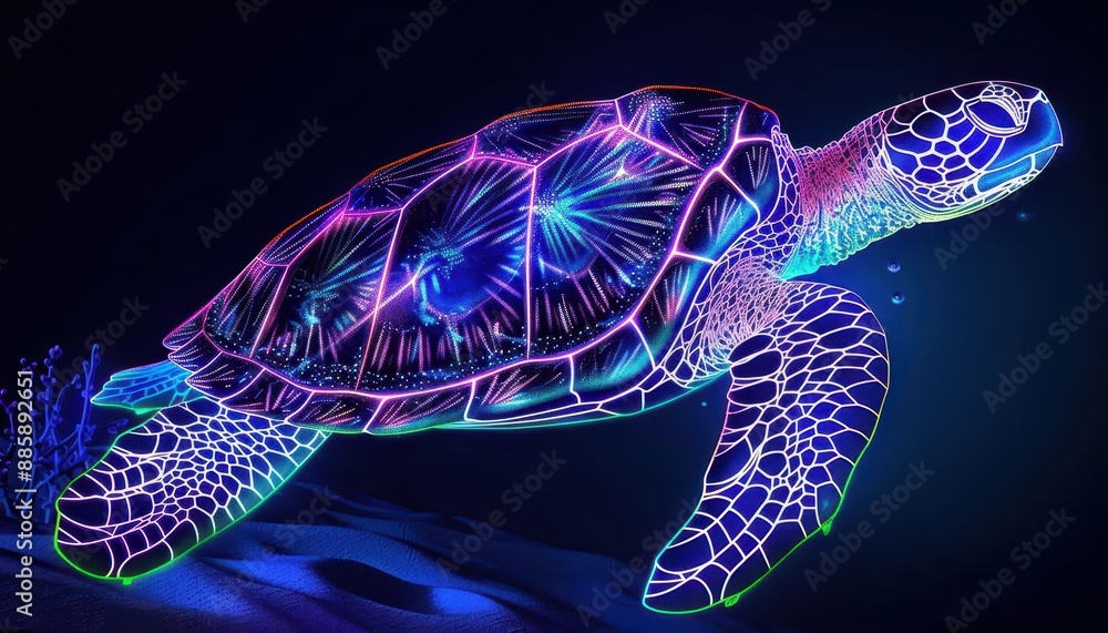 Neon line art of a fullbody sea turtle with a realistic underwater ...
