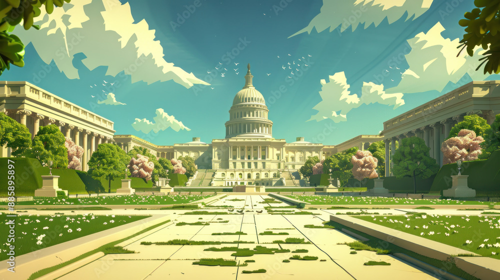 A painting of the U.S. Capitol building with a large white dome. The ...