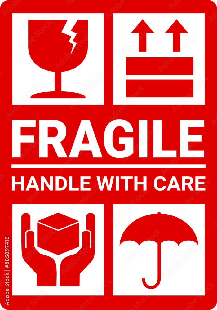 sticker fragile handle with care, red fragile warning label with broken ...