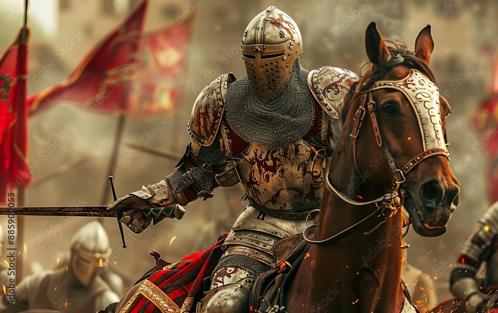 Medieval knight in full armor on horse, wielding a sword amidst a ...