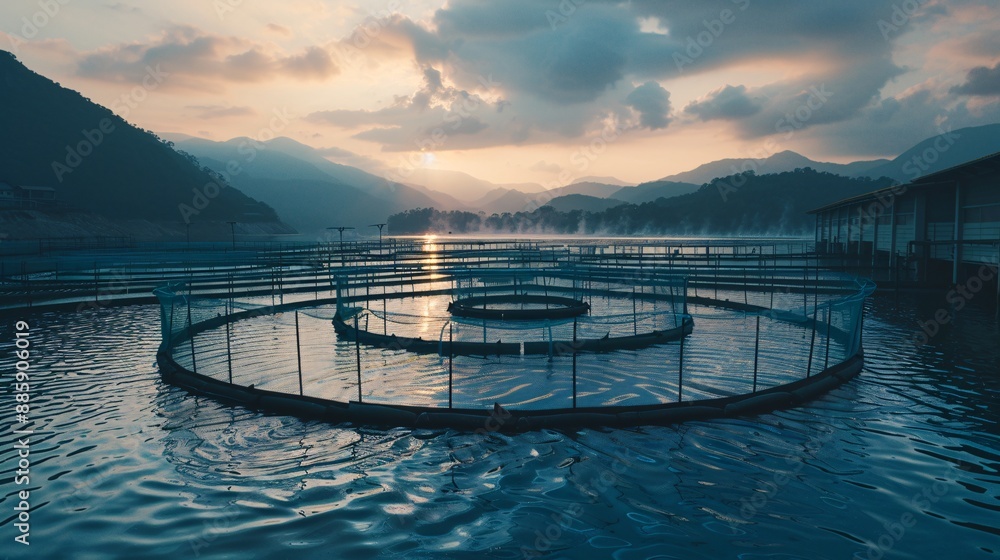 High-resolution photograph of an AI-driven fish farm ensuring ...