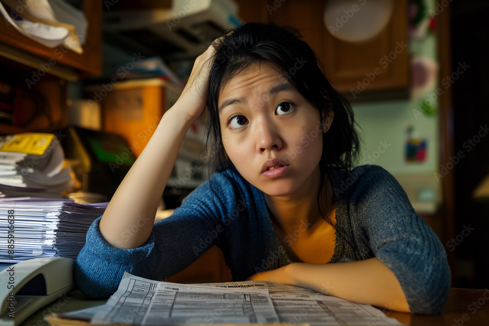 young Asian woman in her late twenties, sits at a cluttered desk in a ...