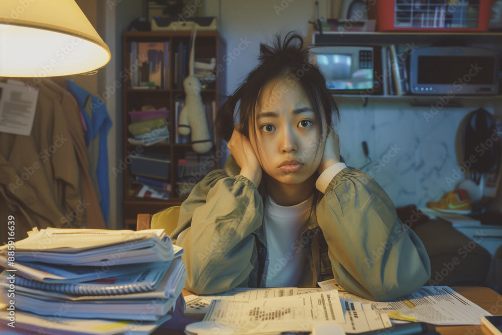 young Asian woman in her late twenties, sits at a cluttered desk in a ...