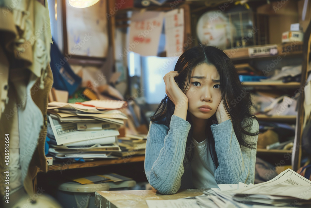 young Asian woman in her late twenties, sits at a cluttered desk in a ...