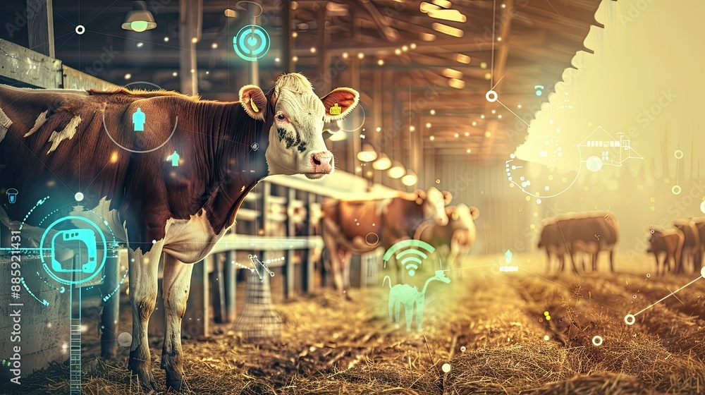 Livestock in a barn, with methane emission indicators showing ...