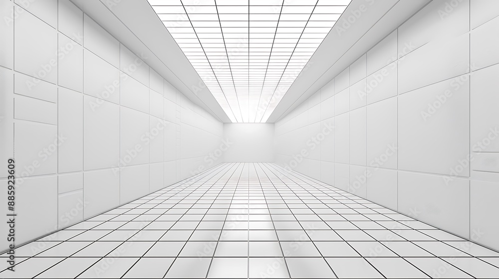 Digital grid of room space with one point perspective white empty ...