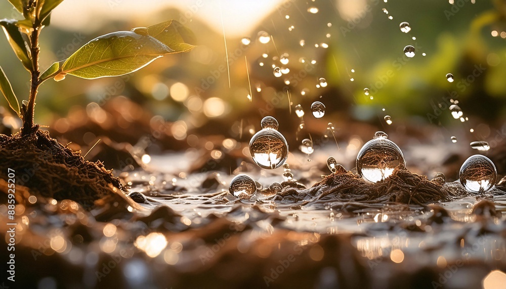 detailed raindrops on ground surface with small grass. This composition ...