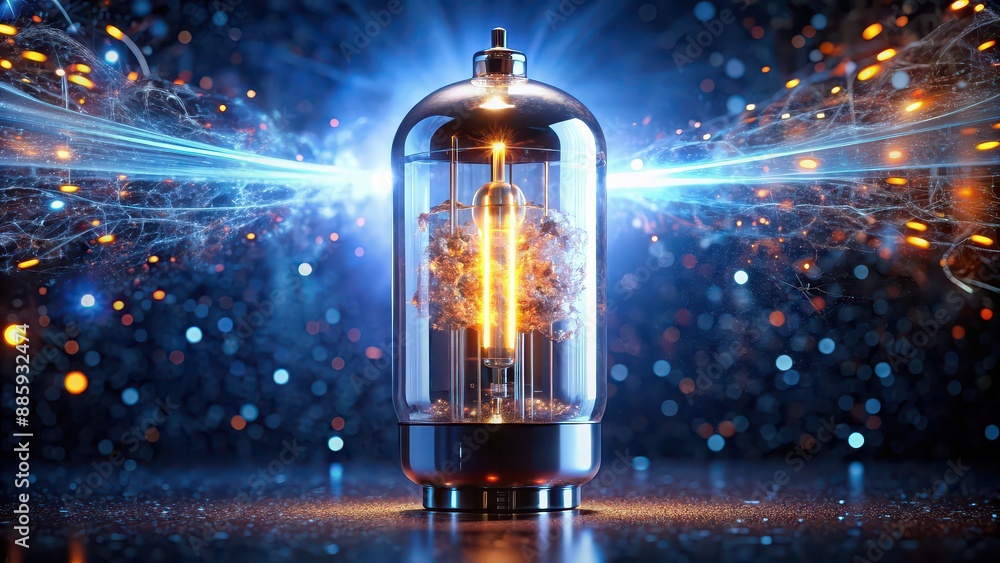 Scene of a vacuum tube surrounded by particles of light and electrons ...