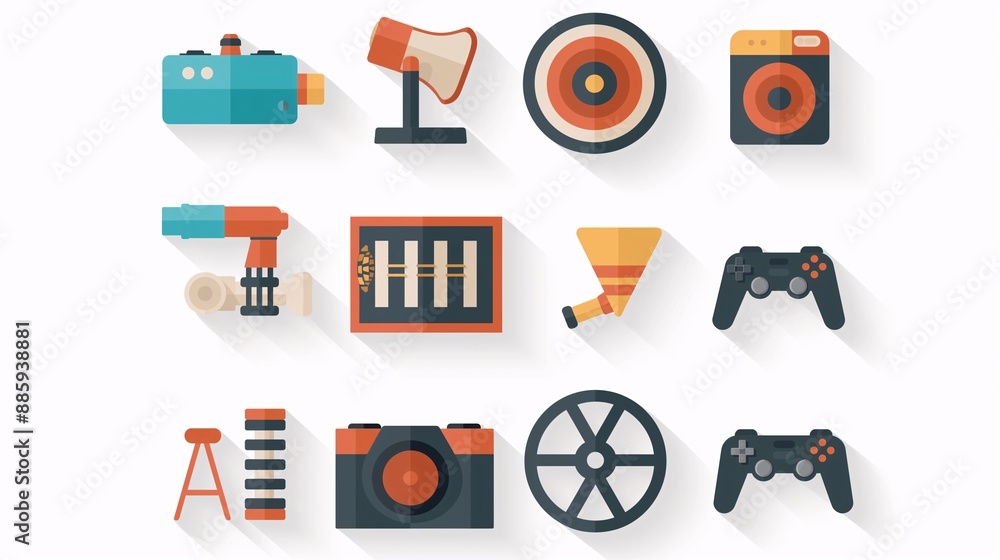 Simple and clean icons of musical instruments, film reels, and game ...