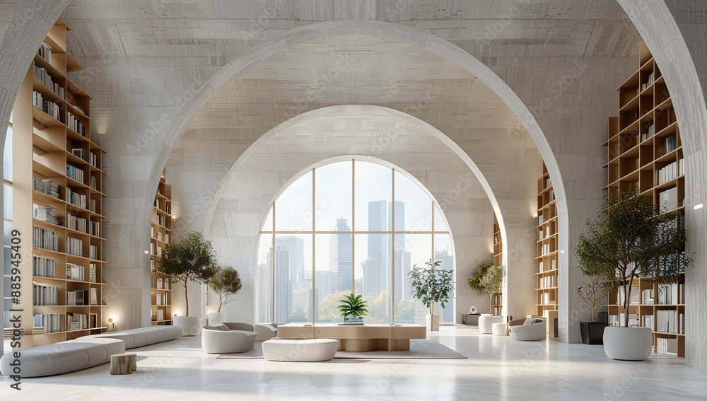 Modern Office Reception Area Interior Design Featuring Arched Windows ...