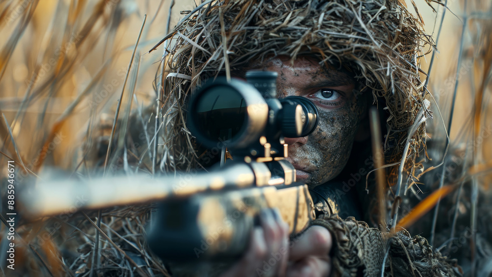 A sniper wearing camouflage and ghillie suit, holding an assault rifle ...