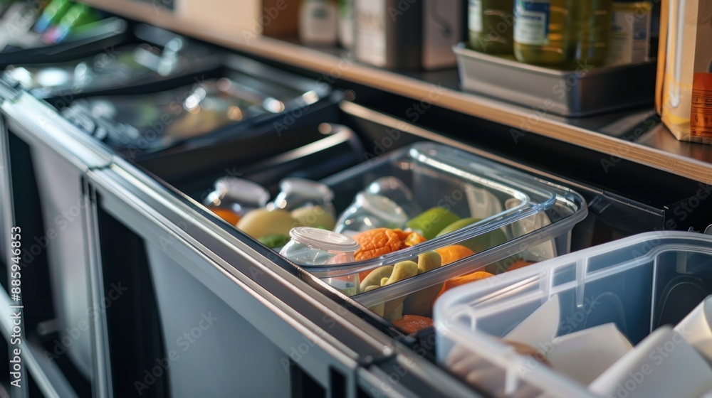 Close-up conceptual photography of a smart bin sorting waste ...