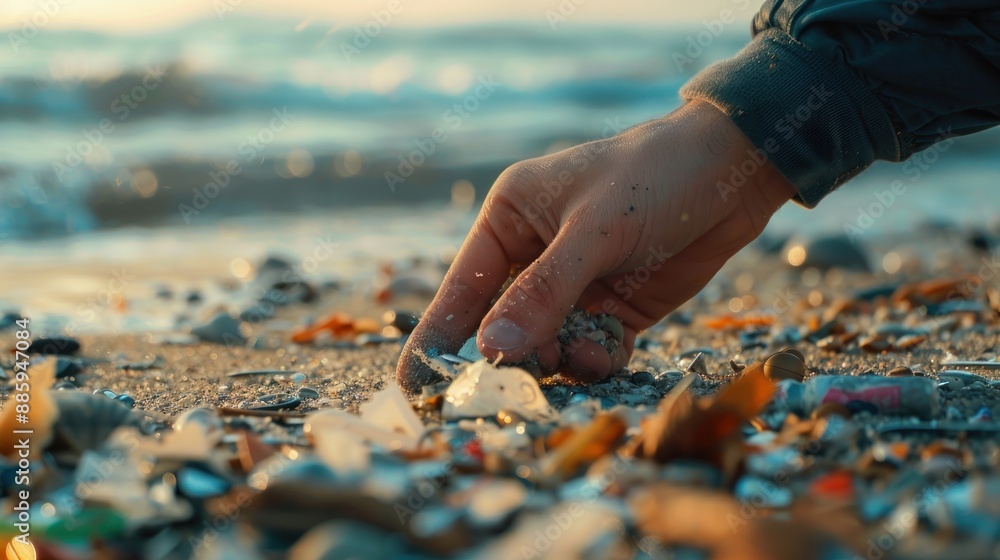 Close-up conceptual photography of a hand picking up litter from a ...