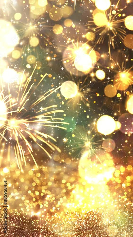 golden glitter background with fireworks in the night seamless looping ...