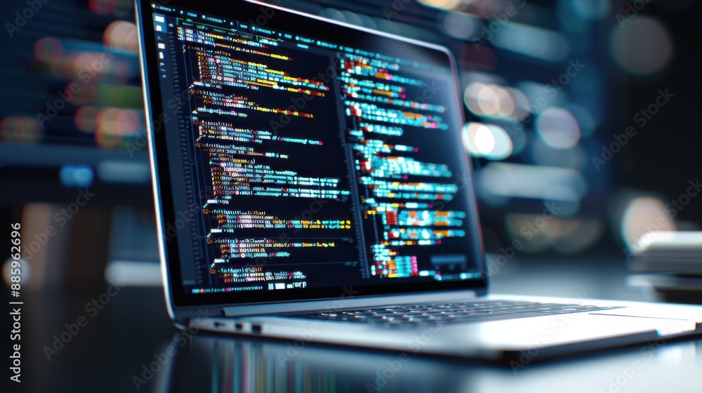 Side view of a black computer displaying detailed programming codes on the screen with stippling ...