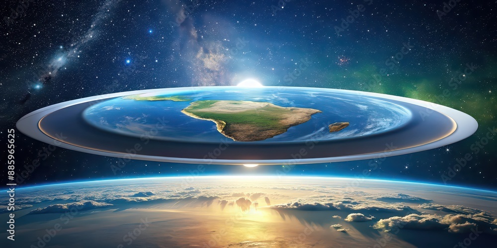 Flat Earth as disc object floating in space with atmospheric dome covering continents, Flat ...