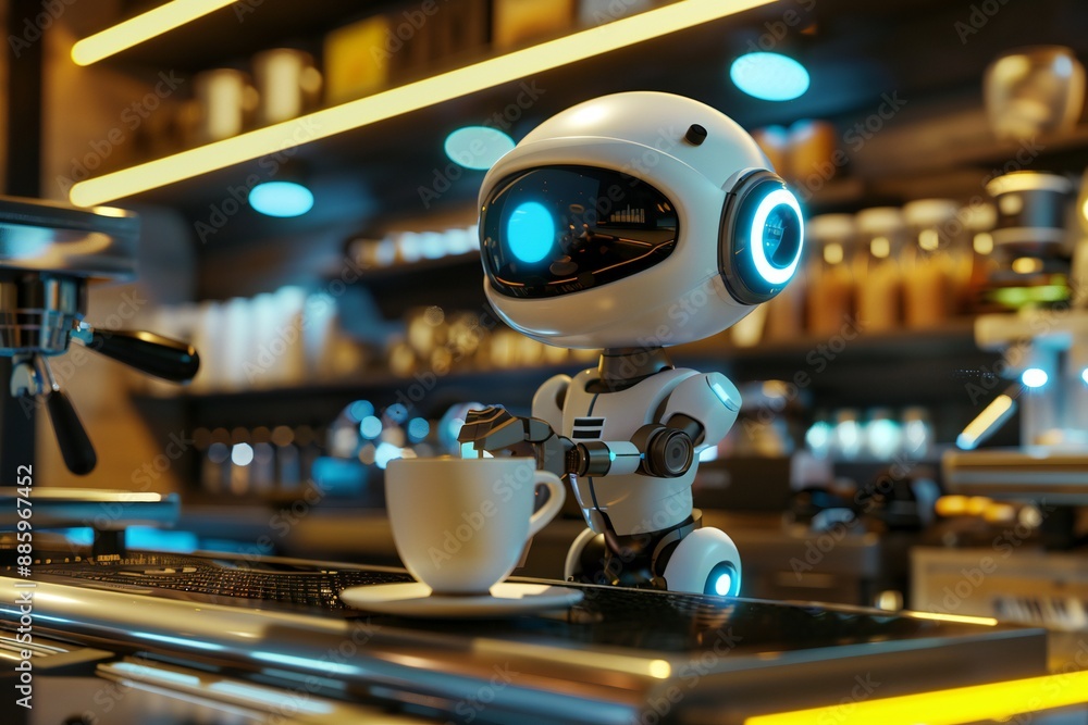 Foto de Robot barista making coffee in a futuristic cafe in 3D render ...
