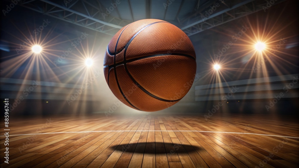 Courtside view of a basketball in mid-air, suspended above the polished ...