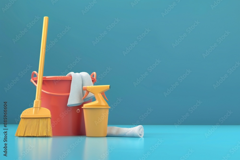 House cleaning equipment: buckets, rags, mop in 3D style , generated by ...