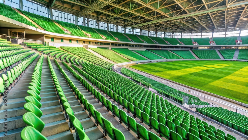 Empty stadium with rows of empty seats and green field , sports, arena ...